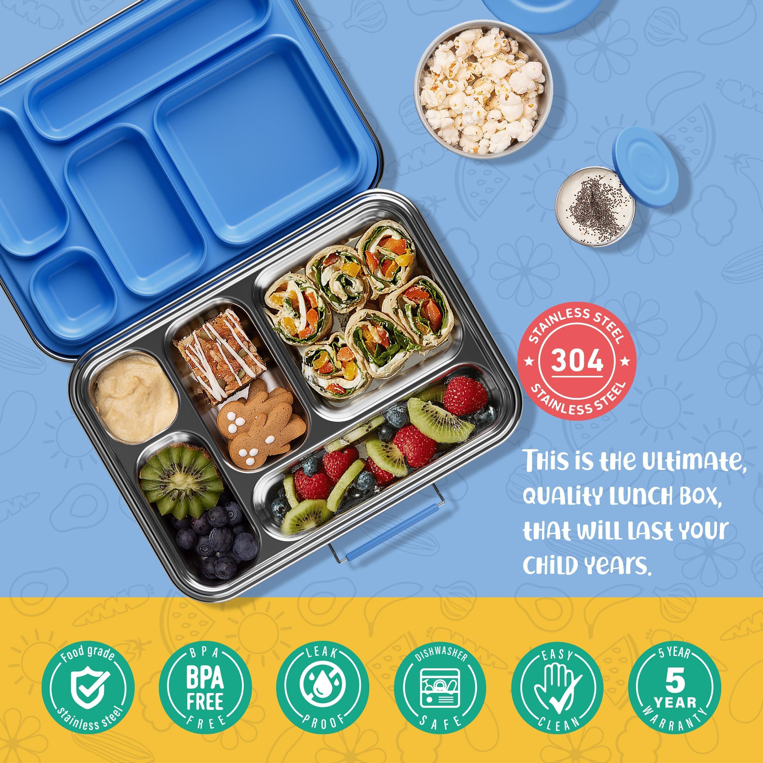 AOHEA Stainless Steel Bento Box Kids, Kids Metal Bento Lunch Box BPA Free Lunch Box Containers 304 Stainless Steel Bento Box for School and Office(Bule)