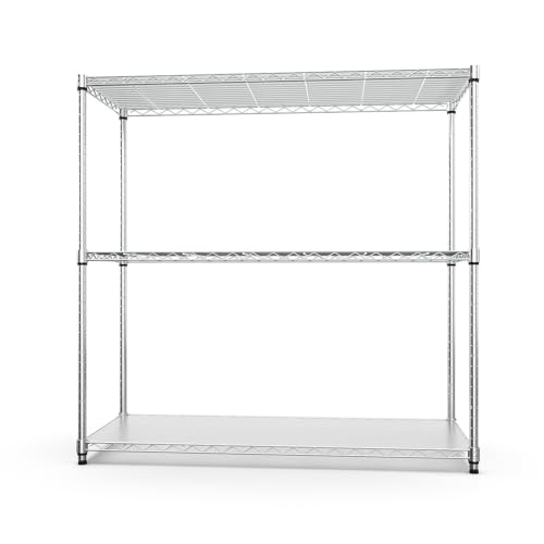 3 Tier NSF Wire Shelf Shelving Unit, 18 x 48 x 48 Inch 1050lbs Capacity Heavy Duty Adjustable Storage Metal Rack with Leveling Feet & Shelf Liners, Ideal for Garage, Kitchen, Office and More - Chrome