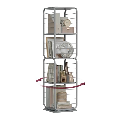 VASAGLE 4-Tier Rotating Bookshelf, Bookcase with Bookends for Small Spaces, Corner Shelf, Steel Frame, Dove Grey ULLS127G36