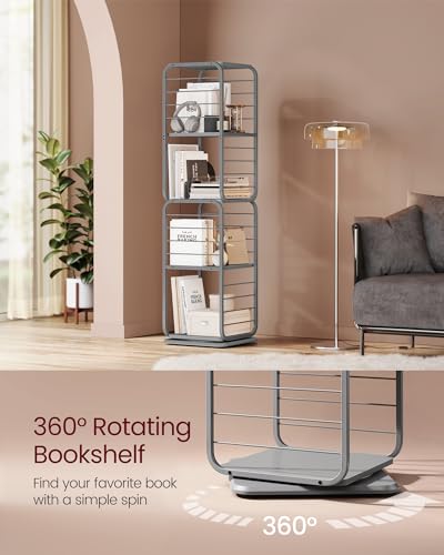 VASAGLE 4-Tier Rotating Bookshelf, Bookcase with Bookends for Small Spaces, Corner Shelf, Steel Frame, Dove Grey ULLS127G36