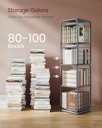 VASAGLE 4-Tier Rotating Bookshelf, Bookcase with Bookends for Small Spaces, Corner Shelf, Steel Frame, Dove Grey ULLS127G36