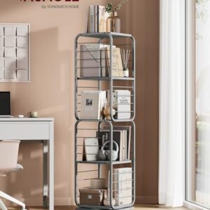 VASAGLE 4-Tier Rotating Bookshelf, Bookcase with Bookends for Small Spaces, Corner Shelf, Steel Frame, Dove Grey ULLS127G36