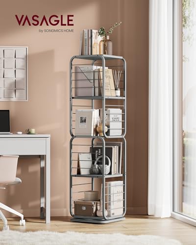 VASAGLE 4-Tier Rotating Bookshelf, Bookcase with Bookends for Small Spaces, Corner Shelf, Steel Frame, Dove Grey ULLS127G36