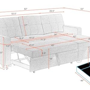 L-Shaped 3-Seaters Corner Sectional Sofa W/Pull Out Sleeper Couch Bed and Reversible Storage Chaise for Home Office Apartment Living Room, Modern Linen Upholstered Sofa & Couch Convertible Sofabed