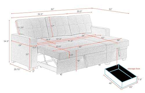 L-Shaped 3-Seaters Corner Sectional Sofa W/Pull Out Sleeper Couch Bed and Reversible Storage Chaise for Home Office Apartment Living Room, Modern Linen Upholstered Sofa & Couch Convertible Sofabed