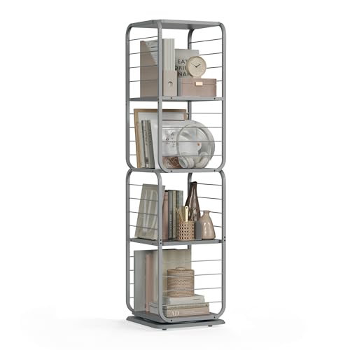 VASAGLE 4-Tier Rotating Bookshelf, Bookcase with Bookends for Small Spaces, Corner Shelf, Steel Frame, Dove Grey ULLS127G36