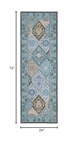 Phantoscope Hallway Runner Rug 2'x6' - Vintage Washable Non-Slip Kitchen Rug Runner with Rubber Backing, Ultra-Thin Moroccan Boho Carpet Runner for Entryway Laundry Bathroom, Blue Teal/Multi