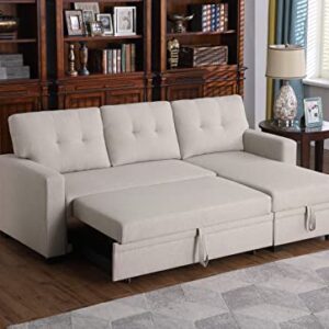 L-Shaped 3-Seaters Corner Sectional Sofa W/Pull Out Sleeper Couch Bed and Reversible Storage Chaise for Home Office Apartment Living Room, Modern Linen Upholstered Sofa & Couch Convertible Sofabed