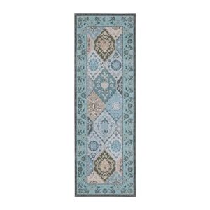 Phantoscope Hallway Runner Rug 2'x6' - Vintage Washable Non-Slip Kitchen Rug Runner with Rubber Backing, Ultra-Thin Moroccan Boho Carpet Runner for Entryway Laundry Bathroom, Blue Teal/Multi