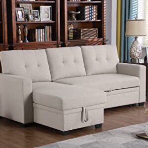 L-Shaped 3-Seaters Corner Sectional Sofa W/Pull Out Sleeper Couch Bed and Reversible Storage Chaise for Home Office Apartment Living Room, Modern Linen Upholstered Sofa & Couch Convertible Sofabed