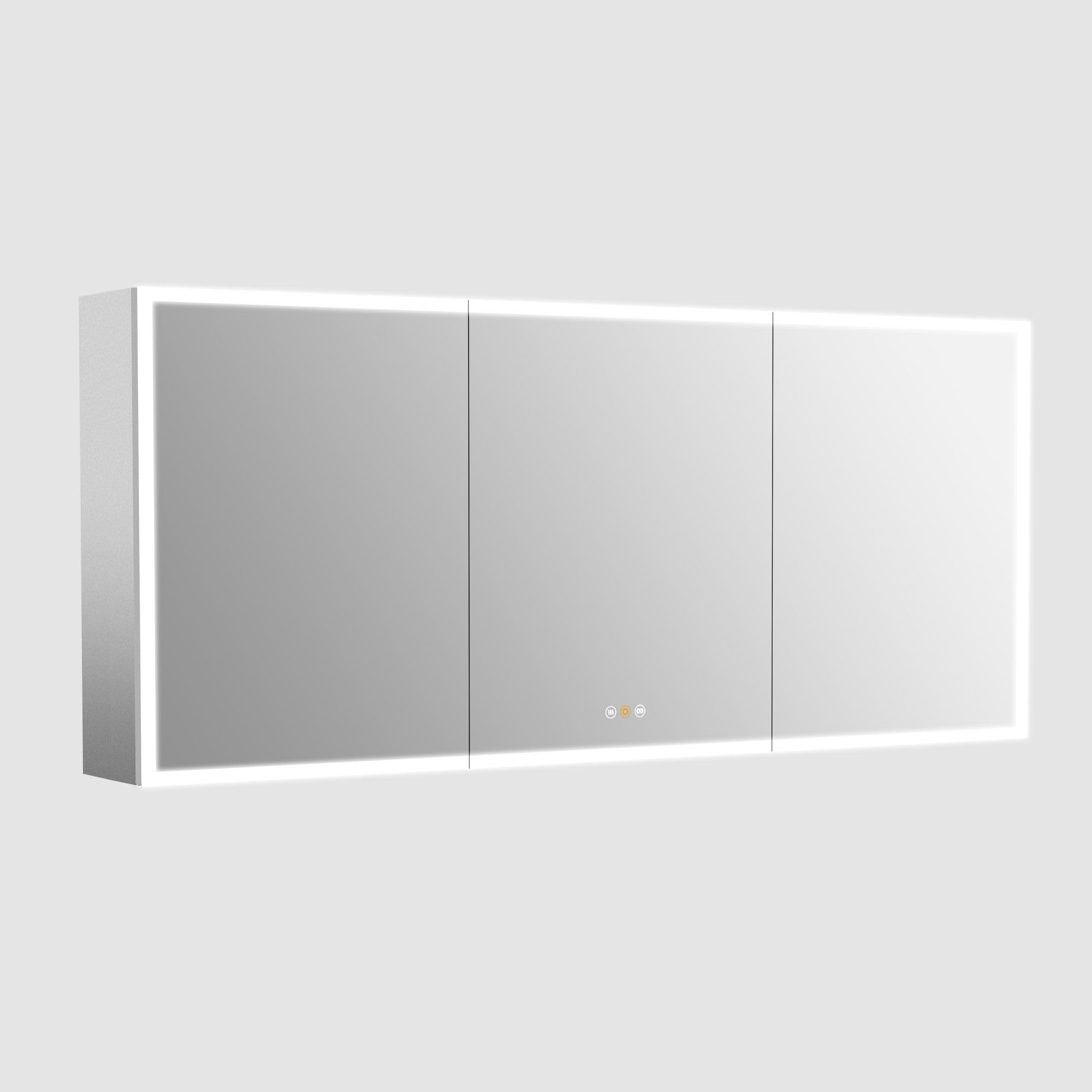 tunuo 60”W x 36”H Medicine Cabinets for Bathroom with Mirror, Surface Mounted LED Medicine Cabinets Mirror with Defogger, Dimmer, Outlets & USB, Three Doors