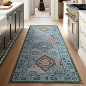 Phantoscope Hallway Runner Rug 2'x6' - Vintage Washable Non-Slip Kitchen Rug Runner with Rubber Backing, Ultra-Thin Moroccan Boho Carpet Runner for Entryway Laundry Bathroom, Blue Teal/Multi