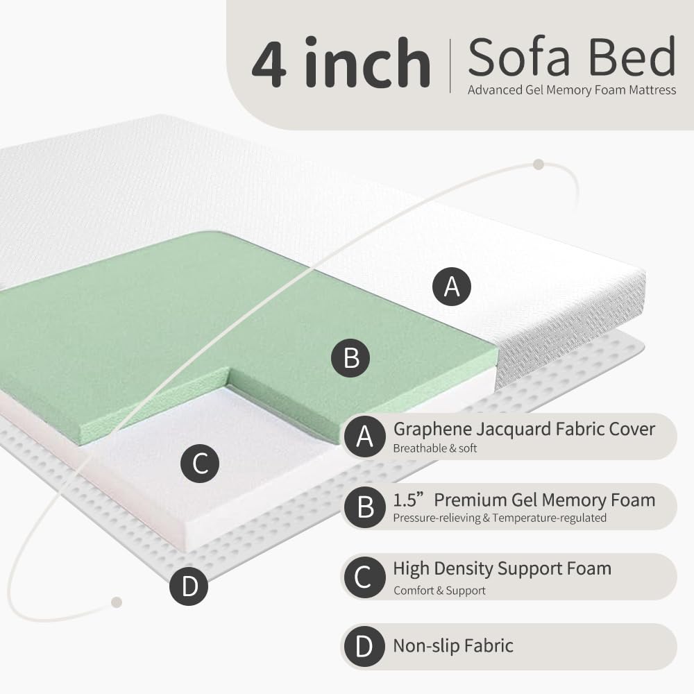 Gelsea 4Inch Memory Foam Sofa Bed Replacement Mattress for Queen Size Sleeper Sofa & Couch Beds - Made in USA - Washable Material/Non-Slip Base - Sofa Not Included - 72" L x 58" W x 4" H