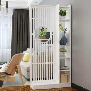 craftthink wall room divider, modern white freestanding wood room divider screen, storage cabinet display storage with shelves, wall privacy screens for home office decorative, 27.5"l x 12"w x 75"h