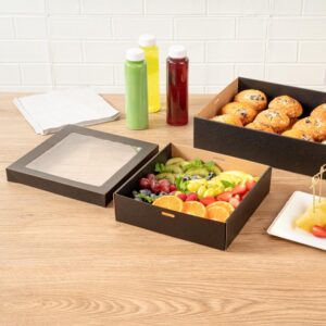 Restaurantware Cater Tek 9 x 9 x 2.4 Inch Baked Goods Boxes 10 Greaseproof Pastry Boxes - Window Lids Insert Tab Lock Black Paper Catering Boxes Easy Assembly For Charcuterie Or Cupcakes