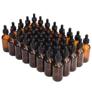 june fox 2oz glass dropper bottle, 40 pack amber glass bottles with glass droppers and black cap for essential oils, lab chemicals, perfumes