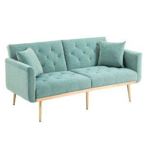 exzlfa velvet sofa couch,convertible sleeper sofa bed with gold metal legs and 2 pillows,folding futon accent upholstered loveseat for living room bedroom office (mint green polyester)