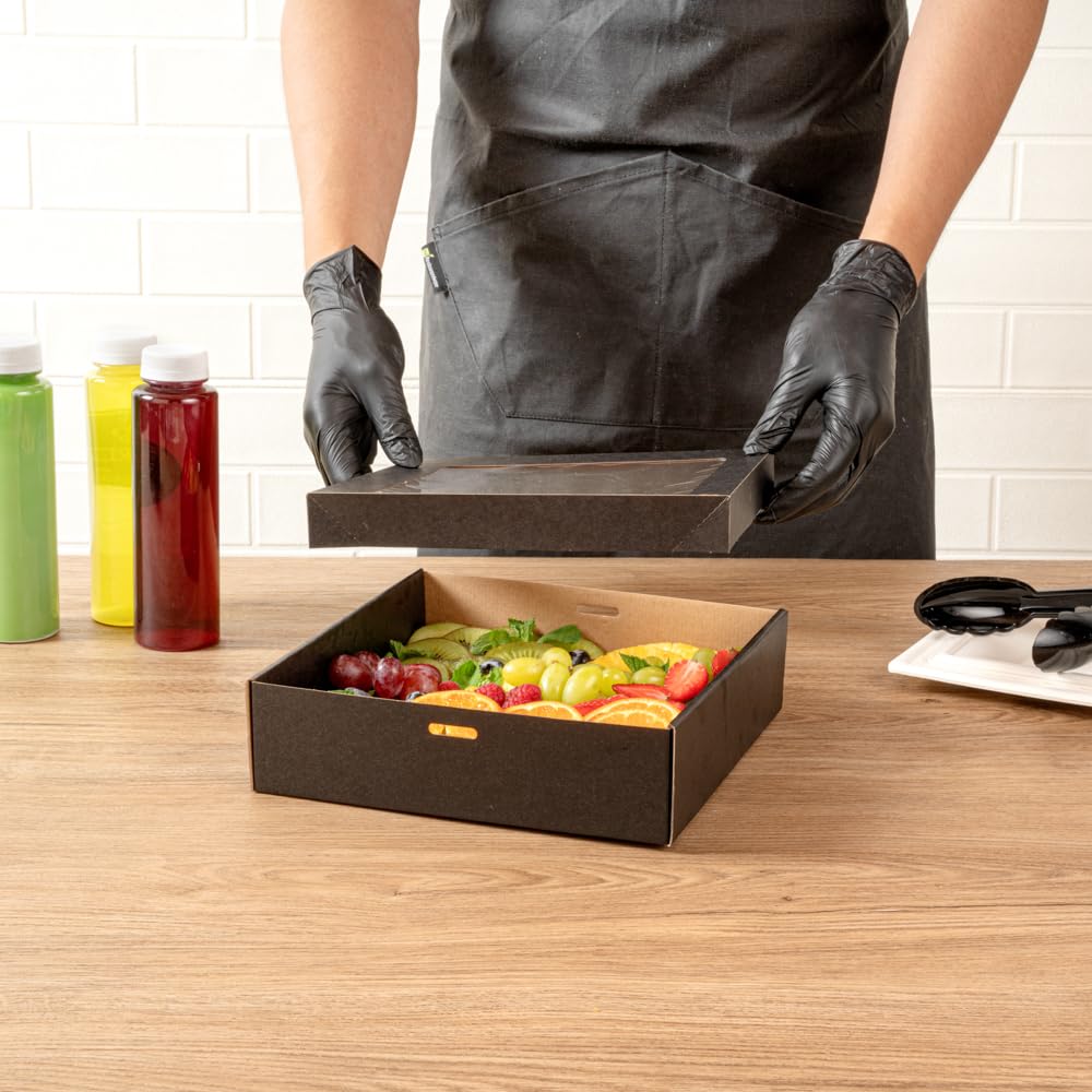 Restaurantware Cater Tek 9 x 9 x 2.4 Inch Baked Goods Boxes 10 Greaseproof Pastry Boxes - Window Lids Insert Tab Lock Black Paper Catering Boxes Easy Assembly For Charcuterie Or Cupcakes