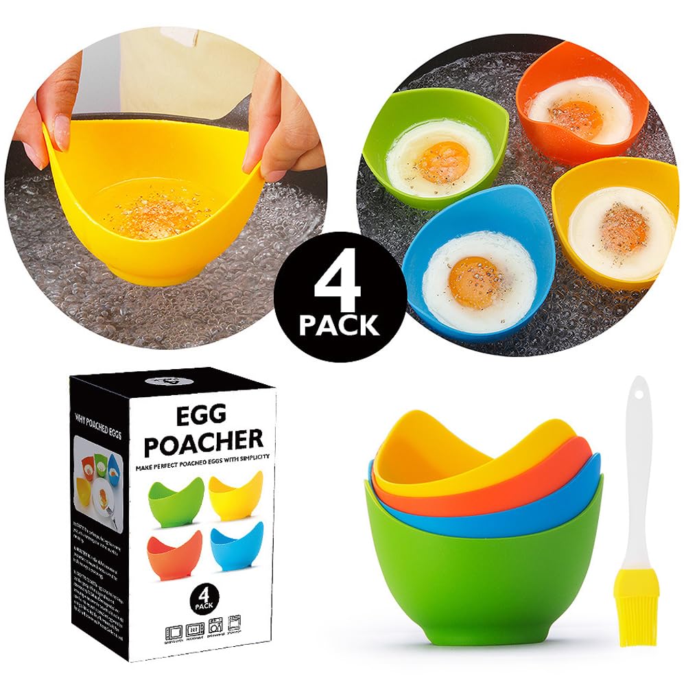 Mikim Egg Poachers Silicone Egg Poacher Cups with Ring Standers, Nonstick Egg Poaching Cups Poached Egg for Stovetop Air Fryer, BPA Free Egg Cooking Cups with Extra Oil Brush, 4 Pack