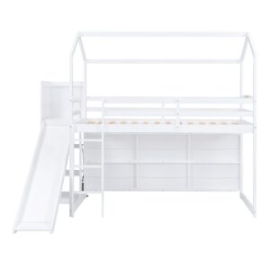 Favfurish Twin Size House Loft Bed with Slide, Storage Shelves and Light, Wood Kids Bed Frame with Guardrail and Ladder,Climbing Ramp,for Teens Boys Girls Bedroom, White