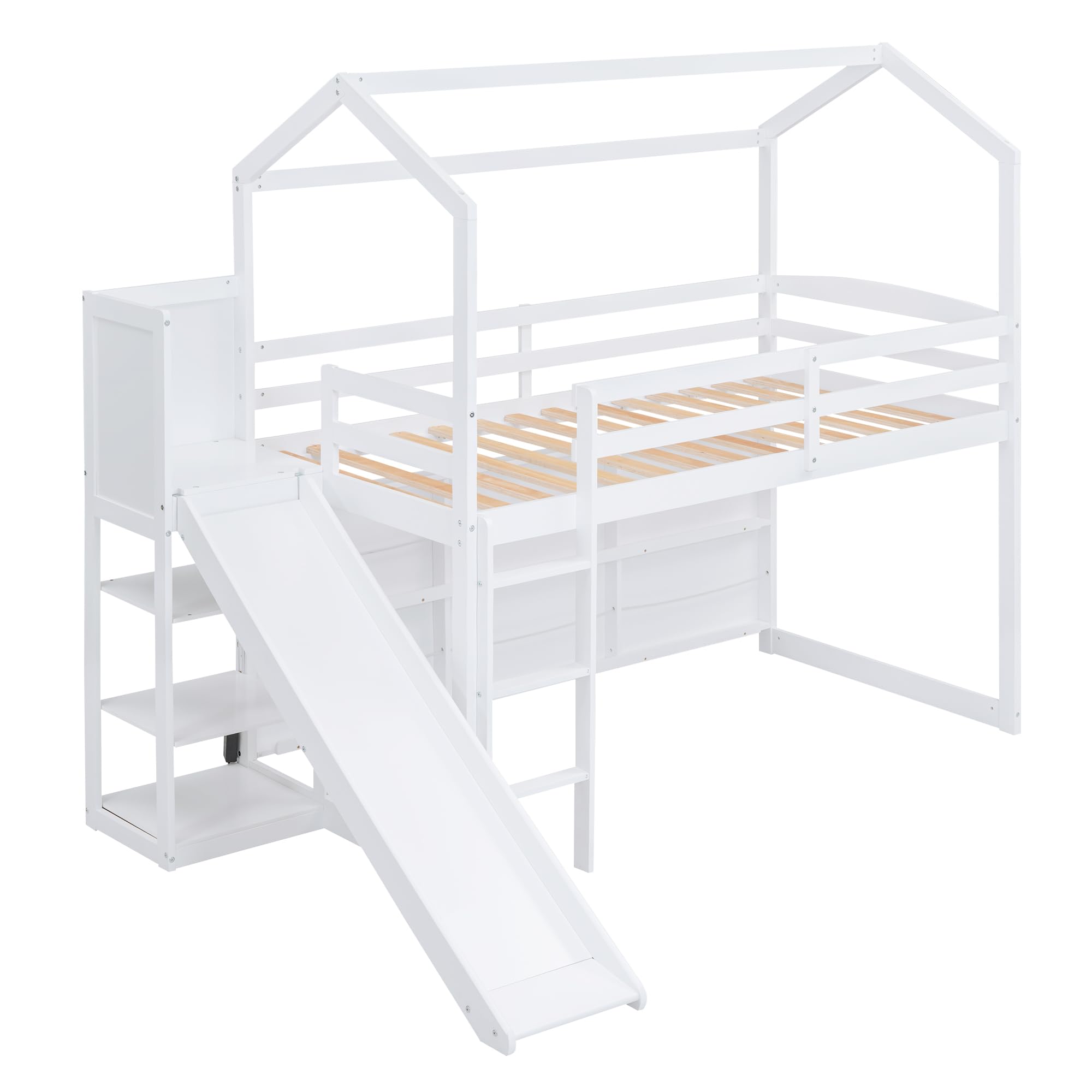 Favfurish Twin Size House Loft Bed with Slide, Storage Shelves and Light, Wood Kids Bed Frame with Guardrail and Ladder,Climbing Ramp,for Teens Boys Girls Bedroom, White