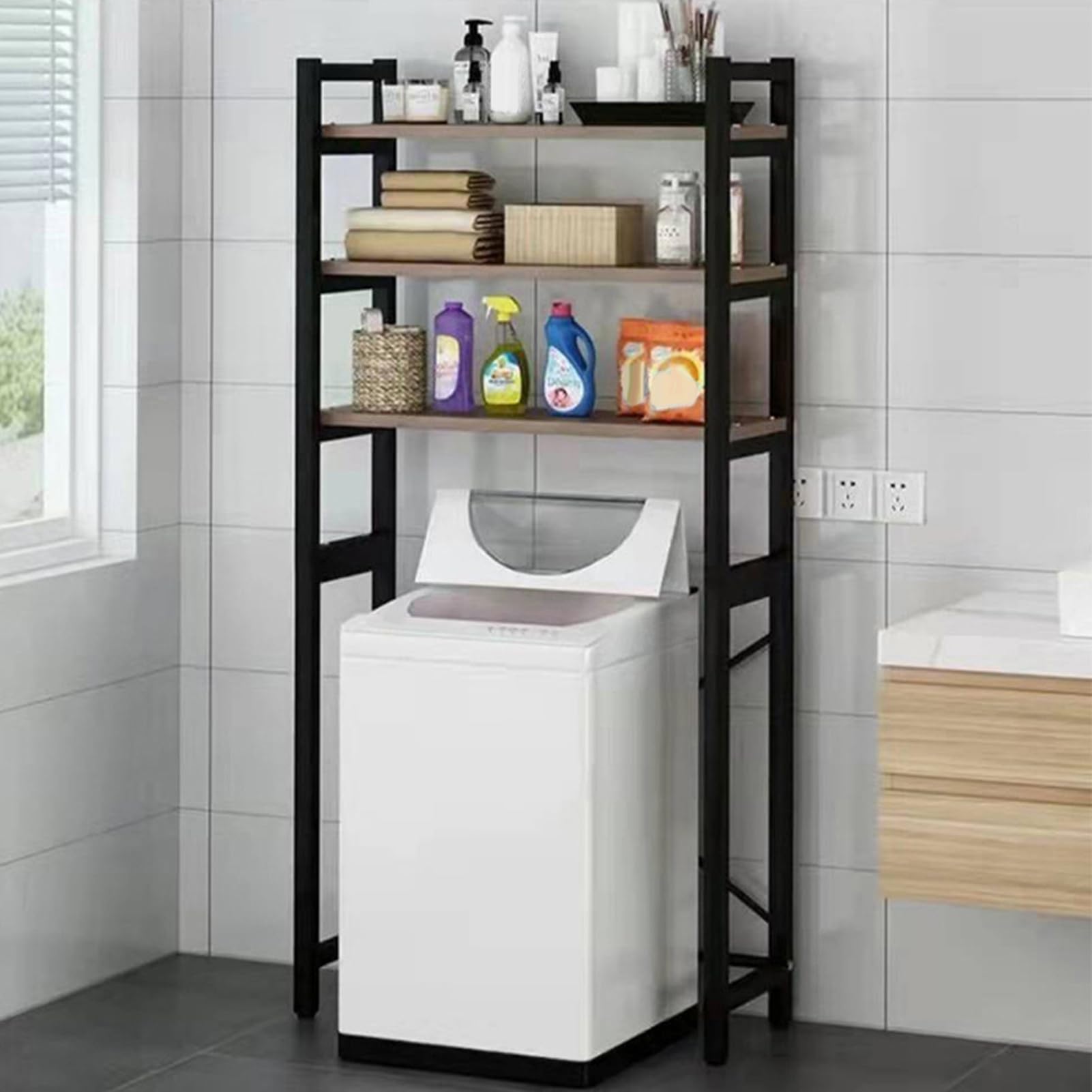 HEVIRGO Over The Toilet Storage 3-Tier Bathroom Organizer Shelves Over Toilet Freestanding Toilet Storage Rack Iron Toilet Stand Laundry Rack (Shipped from The USA) Black