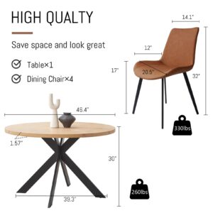 Zerifevni 46.4" Round Dining Table Set, Mid Century Modern Round Dining Table for 4-6 Person, w/Steel Legs, Coffee Table for Kitchen Dining Room, Office, Save Space (1 Table with 4 Brown Chairs)