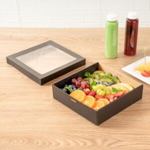 Restaurantware Cater Tek 9 x 9 x 2.4 Inch Baked Goods Boxes 10 Greaseproof Pastry Boxes - Window Lids Insert Tab Lock Black Paper Catering Boxes Easy Assembly For Charcuterie Or Cupcakes