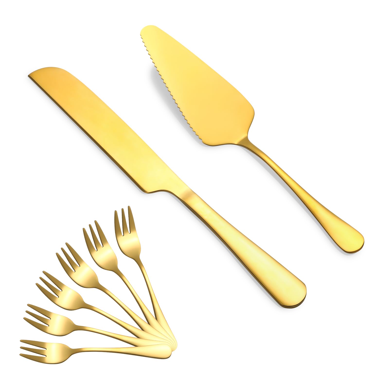 Cake Knife and Server Set with 6 Pcs Cake Forks,Wedding Cake Cutting Set for Birthday Anniversary Parties and Festival(8 PCS, Gold)