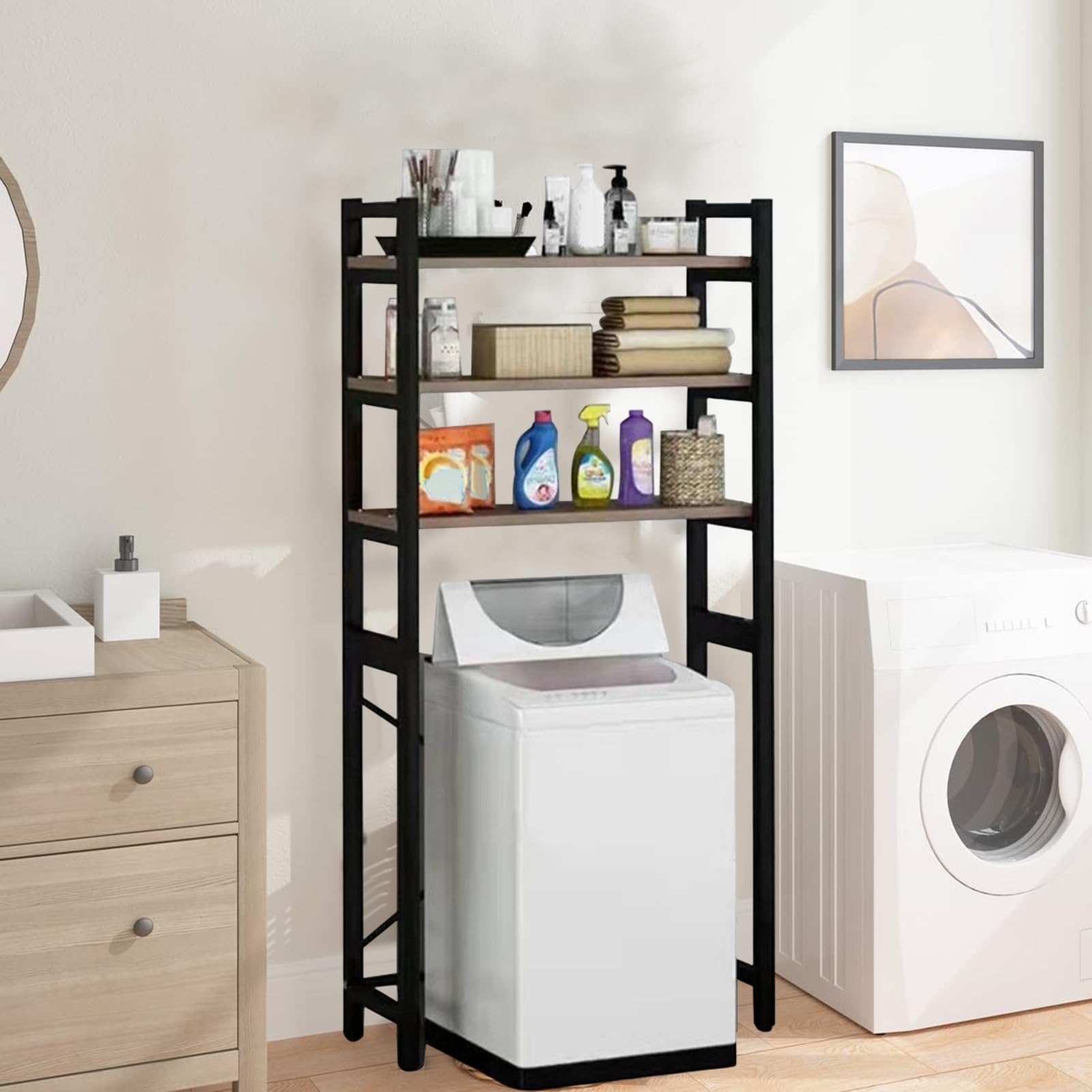 HEVIRGO Over The Toilet Storage 3-Tier Bathroom Organizer Shelves Over Toilet Freestanding Toilet Storage Rack Iron Toilet Stand Laundry Rack (Shipped from The USA) Black