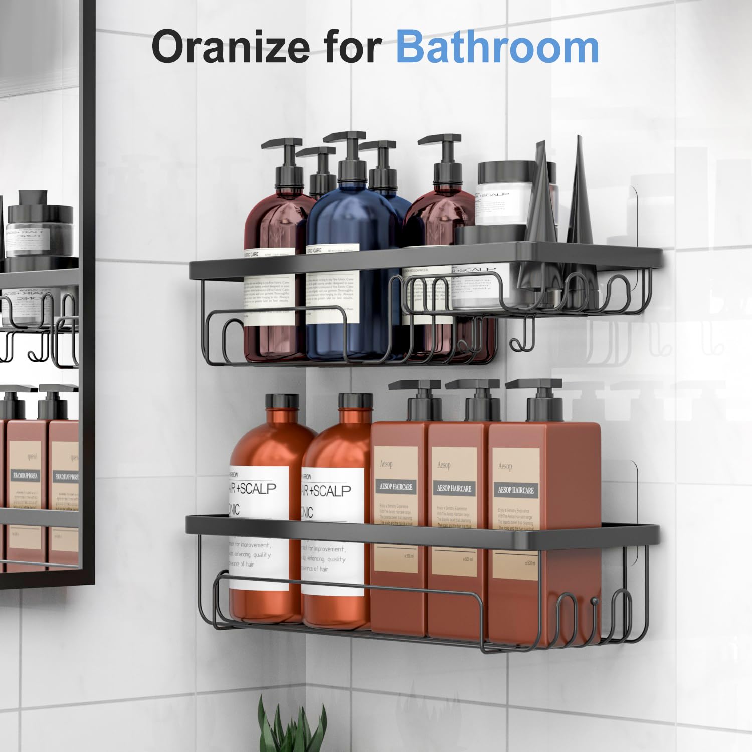 Enopdmb Shower Caddy Shelf & Bathroom Shower Organizer Rack with 12 Hook,No Drilling Wall Mount Shower Storage for Shampoo Conditioner Shower Shelf SUS304 Stainless Steel- 2 Pack (Black)