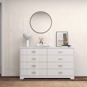 8 Drawer Wood Lateral Dresser, Big Wide Chest of Drawers Storage Organizer with Metal Gold Handles Home Bedroom (White)