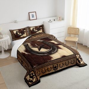 Western Cowboy Comforter Set Queen Size,Texas Star Horseshoes Rustic Bedding Set,Boys Girls Adults Room Decor,Farmhouse Cow Fur Wooden Plank Down Comforter,Brown Retro Duvet Insert,2 Pillowcases