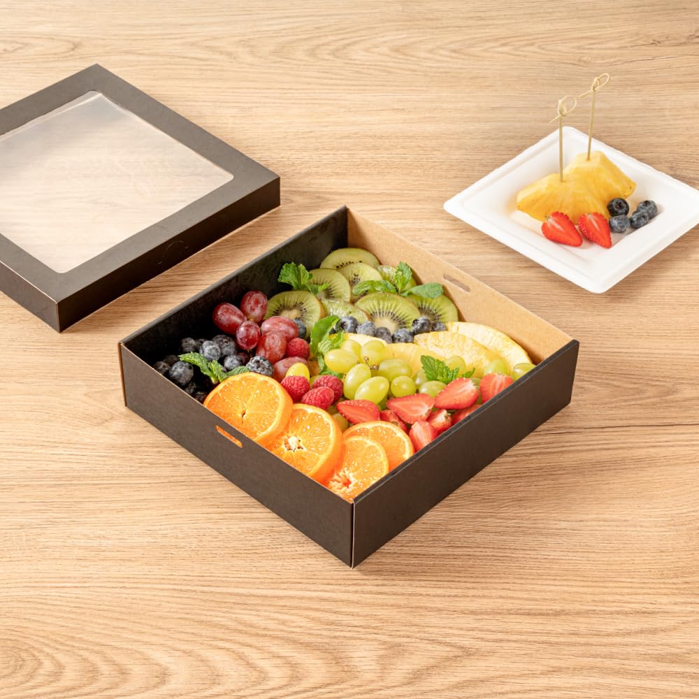 Restaurantware Cater Tek 9 x 9 x 2.4 Inch Baked Goods Boxes 10 Greaseproof Pastry Boxes - Window Lids Insert Tab Lock Black Paper Catering Boxes Easy Assembly For Charcuterie Or Cupcakes