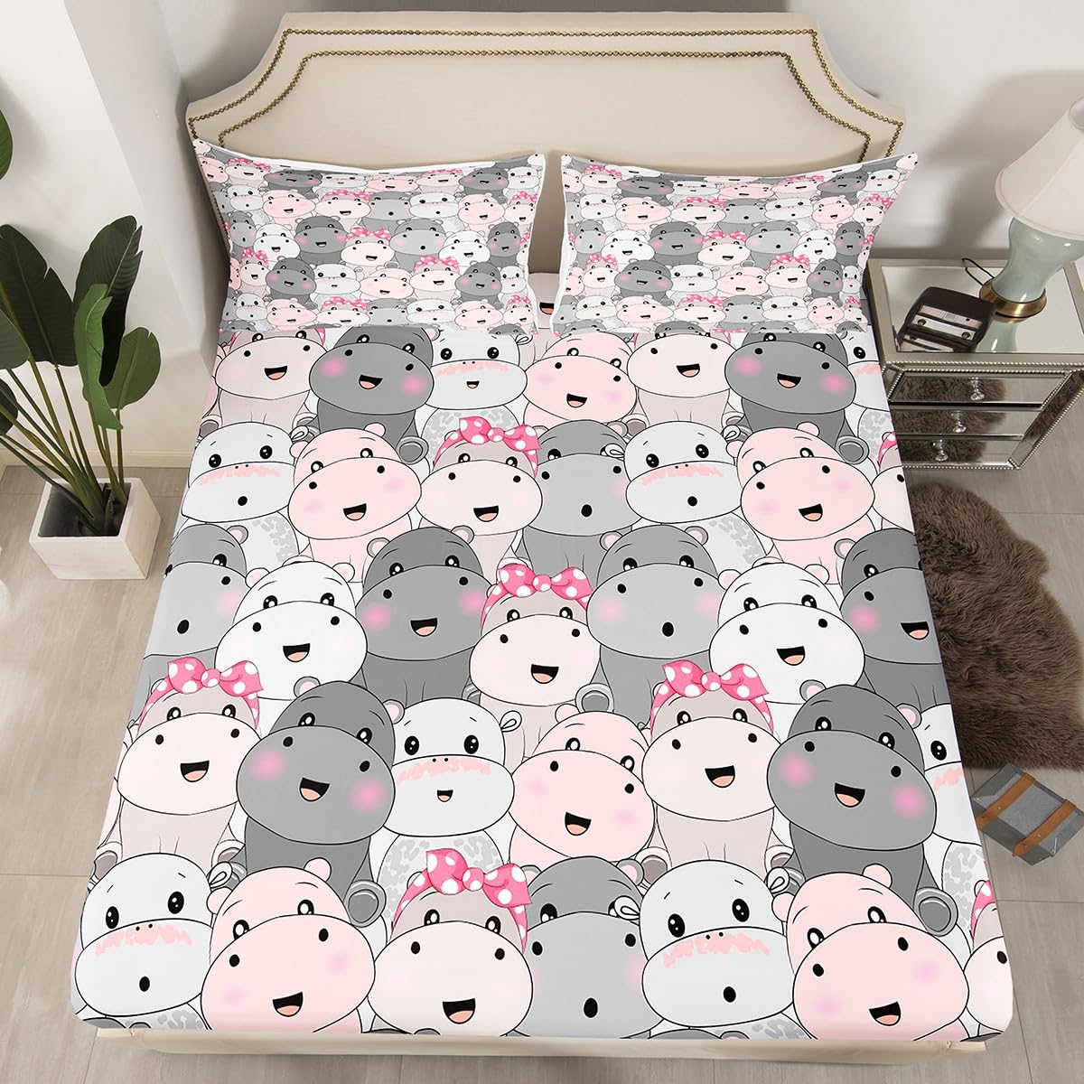 Hippo Sheet Set Full Size Cartoon Animal Sheets with Deep Pocket Fitted Sheet for Kids Teens Adults Hippopotamus Bed Sheets Set Kawaii Cute Bedding Set Room Decorations 4Pcs With 2 Pillow Cases