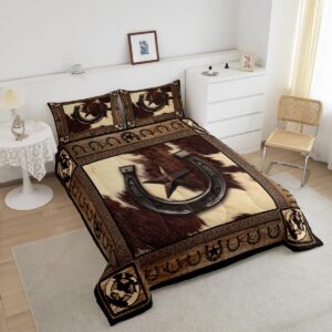 Western Cowboy Comforter Set Queen Size,Texas Star Horseshoes Rustic Bedding Set,Boys Girls Adults Room Decor,Farmhouse Cow Fur Wooden Plank Down Comforter,Brown Retro Duvet Insert,2 Pillowcases