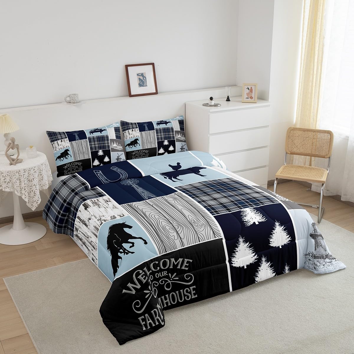 Erosebridal Farmhouse Horse Quilt, Rustic Windmill Comforter Set King Lodge Cabin Patchwork Bedding Set for Kids Teens Adult, Farm Animal Cowboys Horseshoe Down Comforter, 2 Pillow Cases, Grey Blue