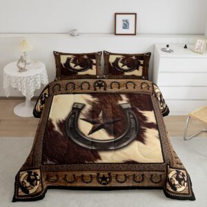 western cowboy comforter set queen size,texas star horseshoes rustic bedding set,boys girls adults room decor,farmhouse cow fur wooden plank down comforter,brown retro duvet insert,2 pillowcases