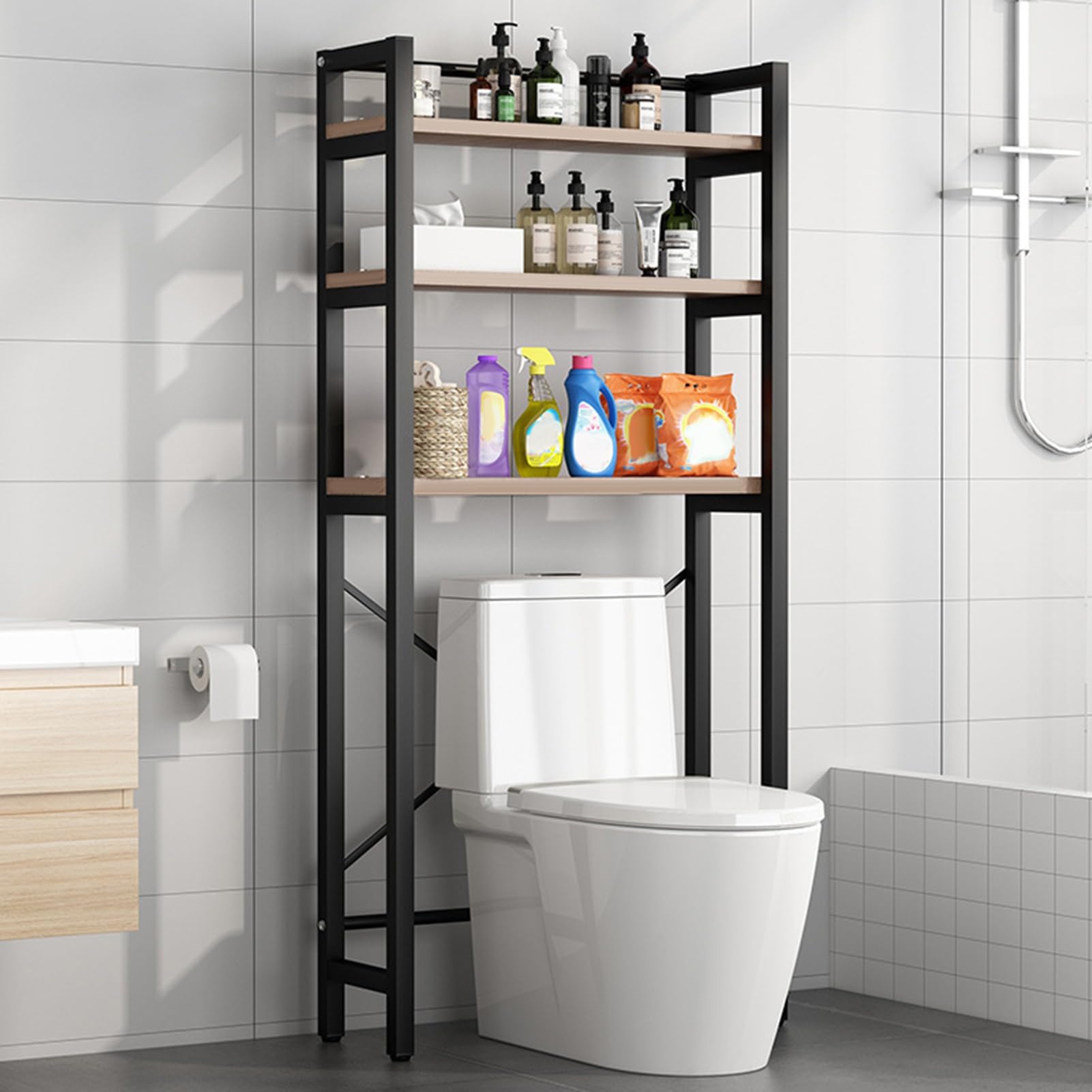 HEVIRGO Over The Toilet Storage 3-Tier Bathroom Organizer Shelves Over Toilet Freestanding Toilet Storage Rack Iron Toilet Stand Laundry Rack (Shipped from The USA) Black