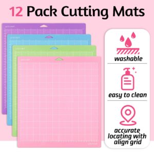 Moinchore 12 Pcs Cutting Mat Variety for Crafts Machine, 12 x 12 Inch Cut Mats Gridded Strong Standard Quilting Light Fabric Adhesive Cutting Mats with Scraper for Art Accessories