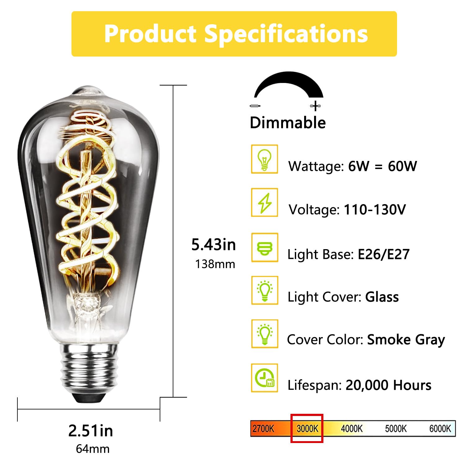 ZHZHLED ST64 Vintage LED Edison Bulbs 60 Watt Equivalent, Dimmable 3000K Warm White Smoky Grey Glass E26 Base 6W LED Filament Flexible Spiral Light Bulbs, Antique Style, 4 Pack