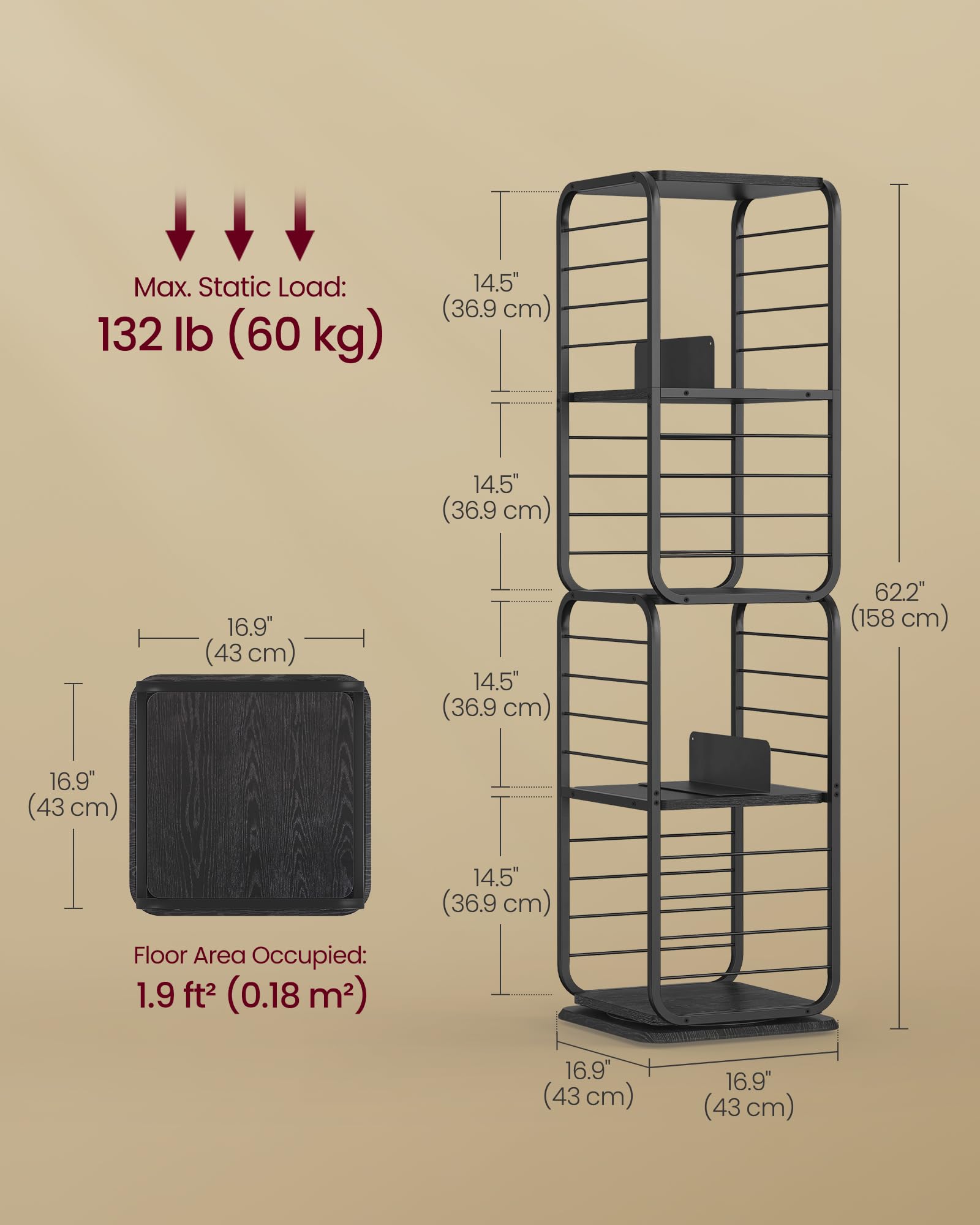 VASAGLE 4-Tier Rotating Bookshelf, Bookcase with Bookends for Small Spaces, Corner Shelf, Steel Frame, Ebony Black and Ink Black ULLS127B56