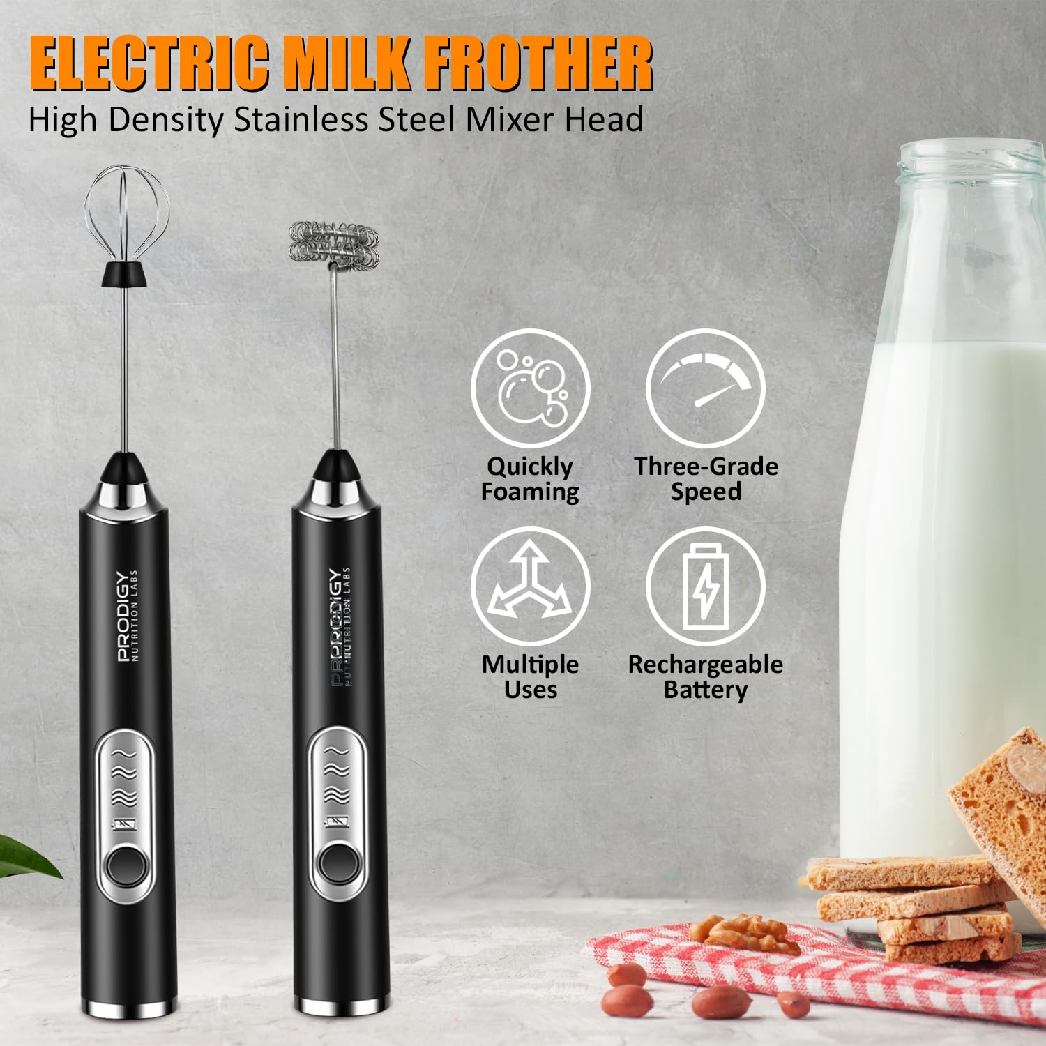 Rechargeable Milk Frother Handheld with 2 Attachments - Handheld Silver Electric Whisk Drink Foam Mixer, Mini Stirrer with 3 Adjustable Speeds for Coffee, Lattes, Shakes, & Eggs Black