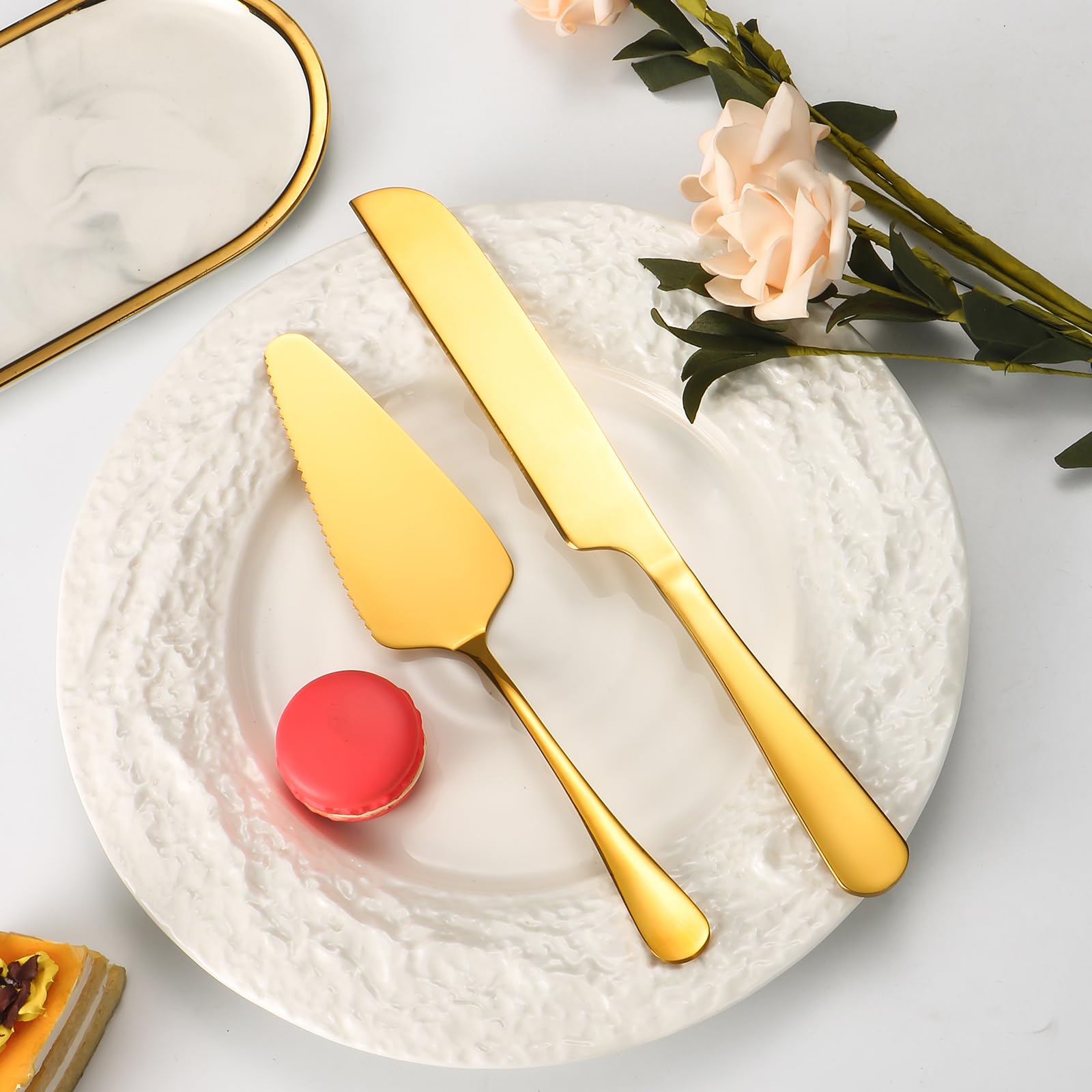 Cake Knife and Server Set with 6 Pcs Cake Forks,Wedding Cake Cutting Set for Birthday Anniversary Parties and Festival(8 PCS, Gold)