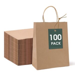 gssusa 100 pack 8x4.25x10'' paper bags with handles bulk, brown paper gift bags for small business, sturdy retail shopping bags, birthday wedding party favor bags, craft bags, kraft bags