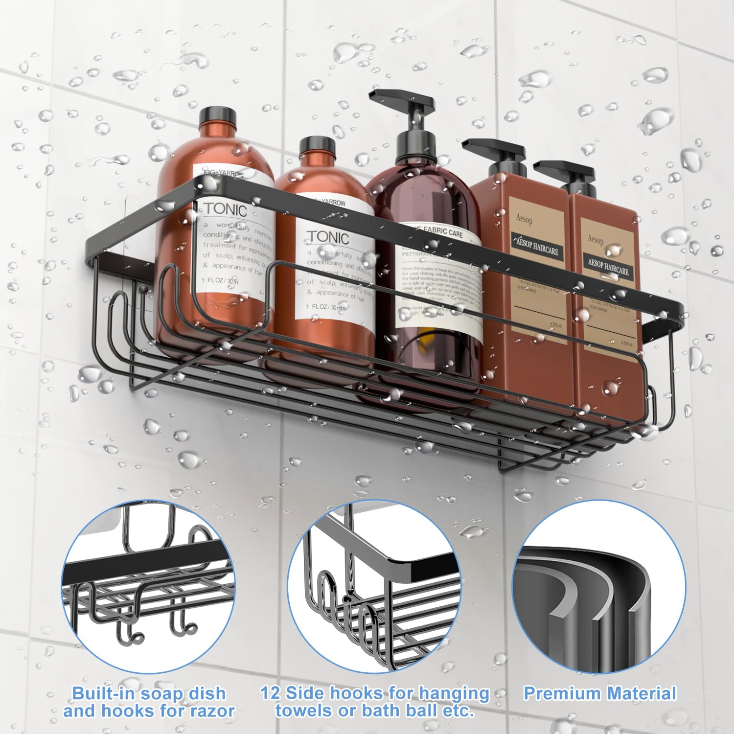 Enopdmb Shower Caddy Shelf & Bathroom Shower Organizer Rack with 12 Hook,No Drilling Wall Mount Shower Storage for Shampoo Conditioner Shower Shelf SUS304 Stainless Steel- 2 Pack (Black)