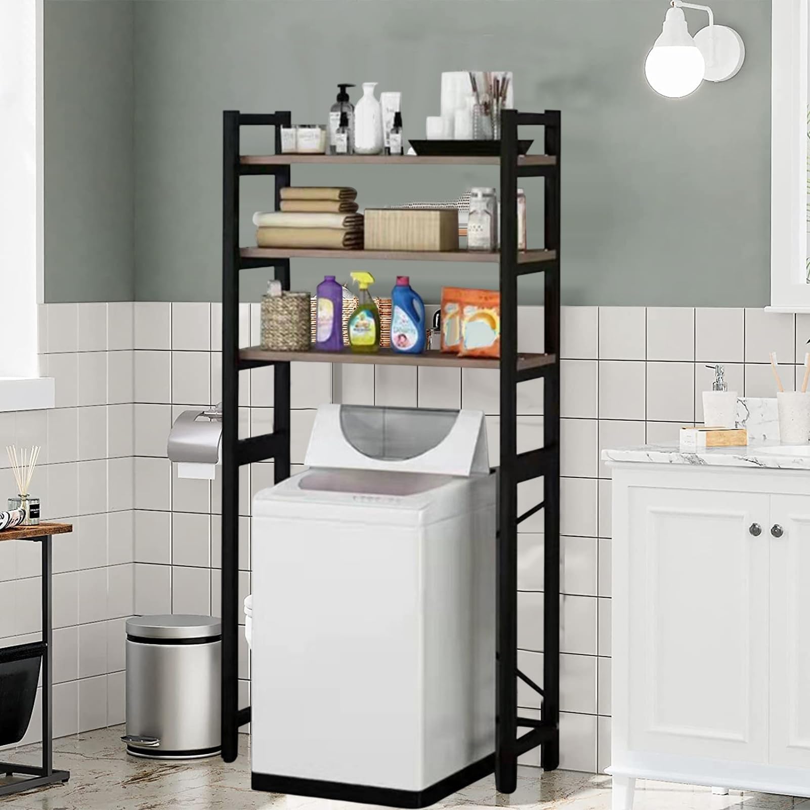 HEVIRGO Over The Toilet Storage 3-Tier Bathroom Organizer Shelves Over Toilet Freestanding Toilet Storage Rack Iron Toilet Stand Laundry Rack (Shipped from The USA) Black