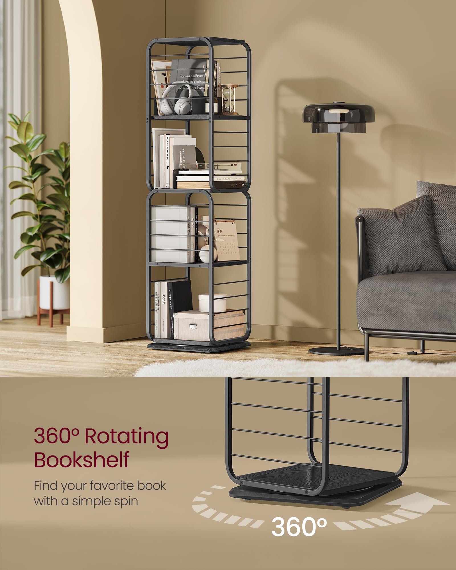 VASAGLE 4-Tier Rotating Bookshelf, Bookcase with Bookends for Small Spaces, Corner Shelf, Steel Frame, Ebony Black and Ink Black ULLS127B56