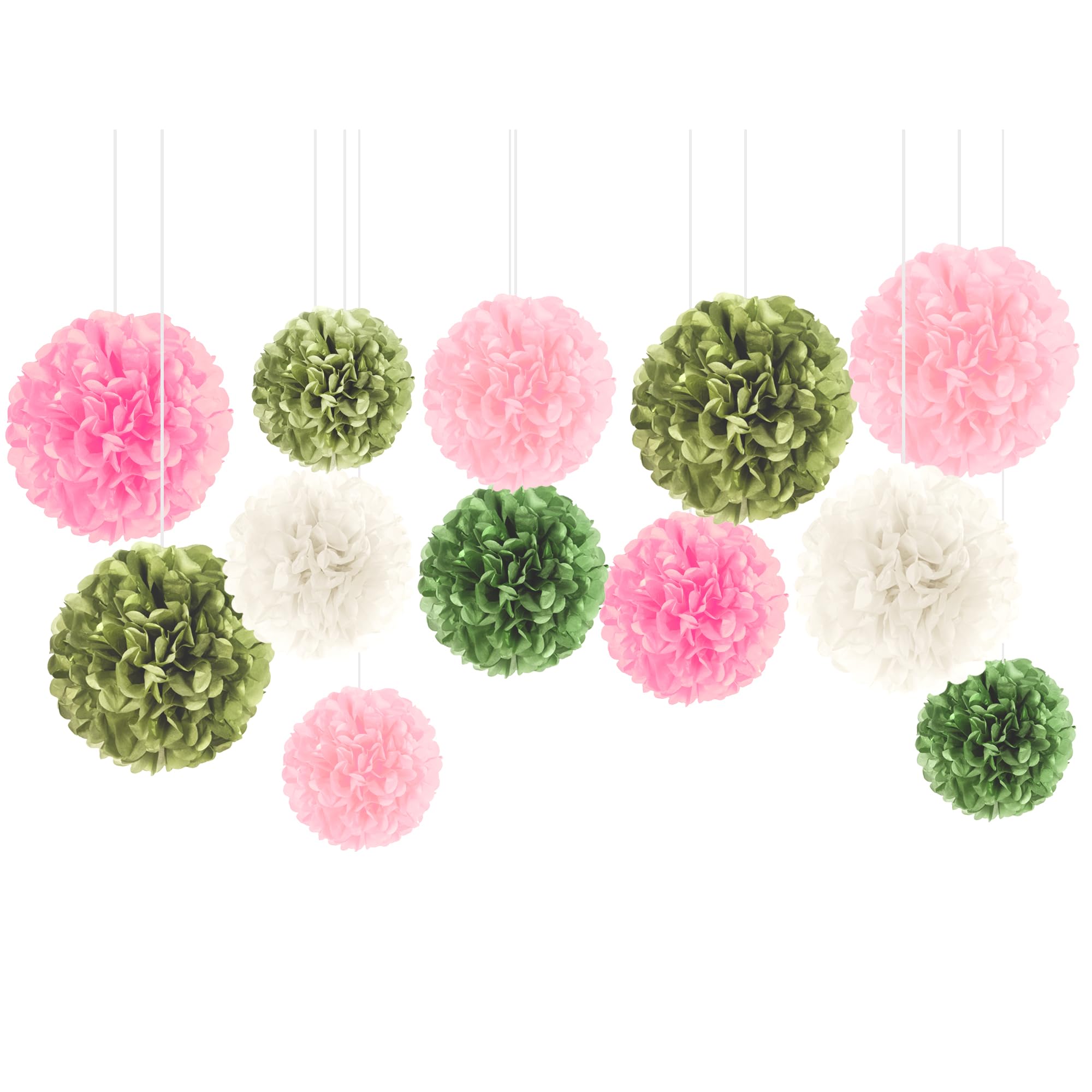 MEIYKO Baby Shower Decorations, 12PCS Sage Green Pink White Tissue Paper Pom Poms for Boho Bridal Shower Birthday Wedding Shower Engagement Party Decorations