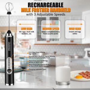 Rechargeable Milk Frother Handheld with 2 Attachments - Handheld Silver Electric Whisk Drink Foam Mixer, Mini Stirrer with 3 Adjustable Speeds for Coffee, Lattes, Shakes, & Eggs Black